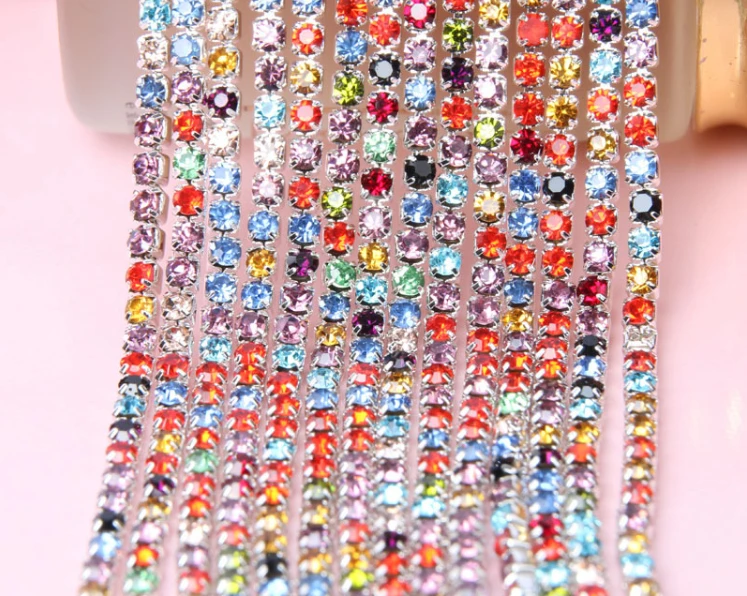 10 Meters Multi Colors Diamond Crystals Rhinestones Silver Plated
