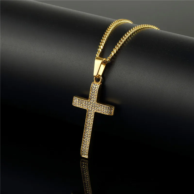 Full Rhinestone Crossing Jesus Pendants Necklaces Golden Bling Christ ...