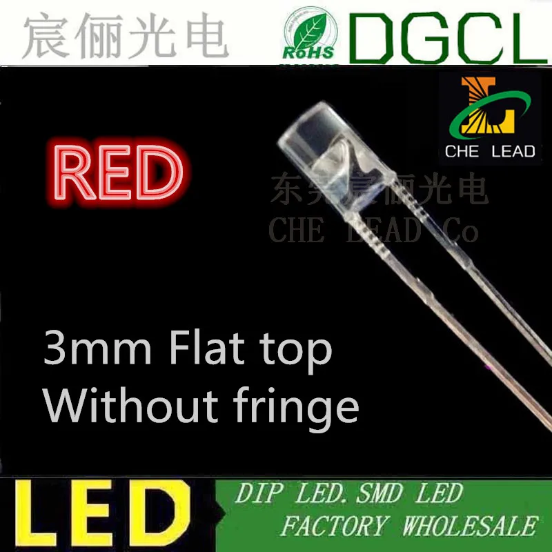 Round 3mm flat top led DIODE 620 625nm without fringe red dip led lamp ...