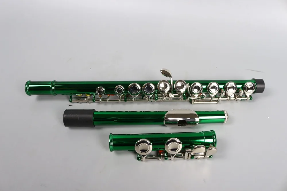 Green 16 Holes Flute E Key Nickel Plated Concert Closed Flute with ...