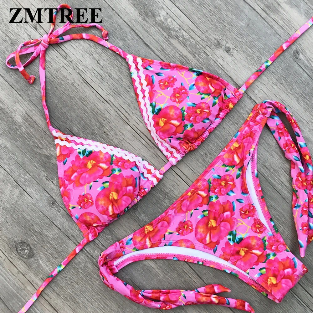 Zmtree Swimsuit Lace Bikini Women Floral Printed Swimwear Halter Summer