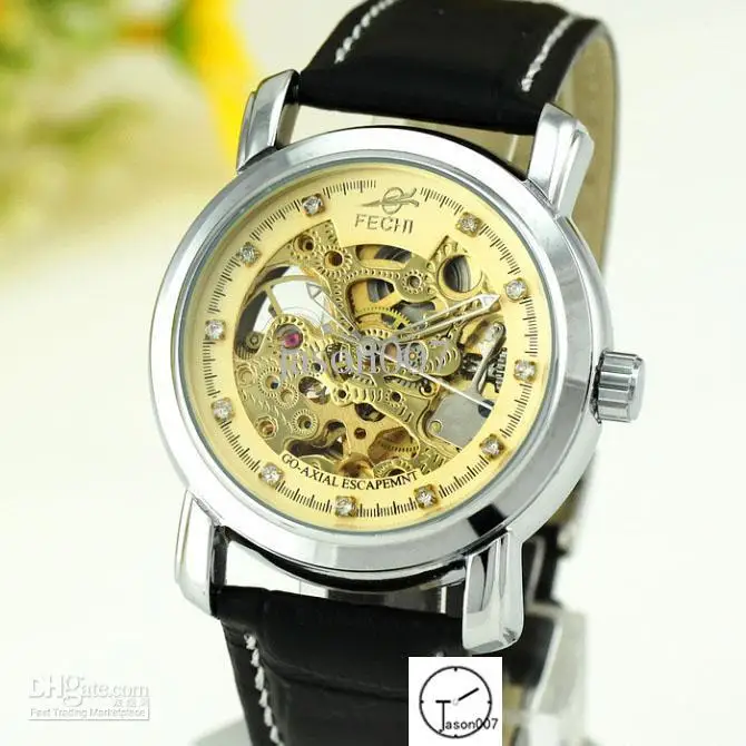 Luxury Men's Automatic glass back Watches black leather band Wristwatch ...