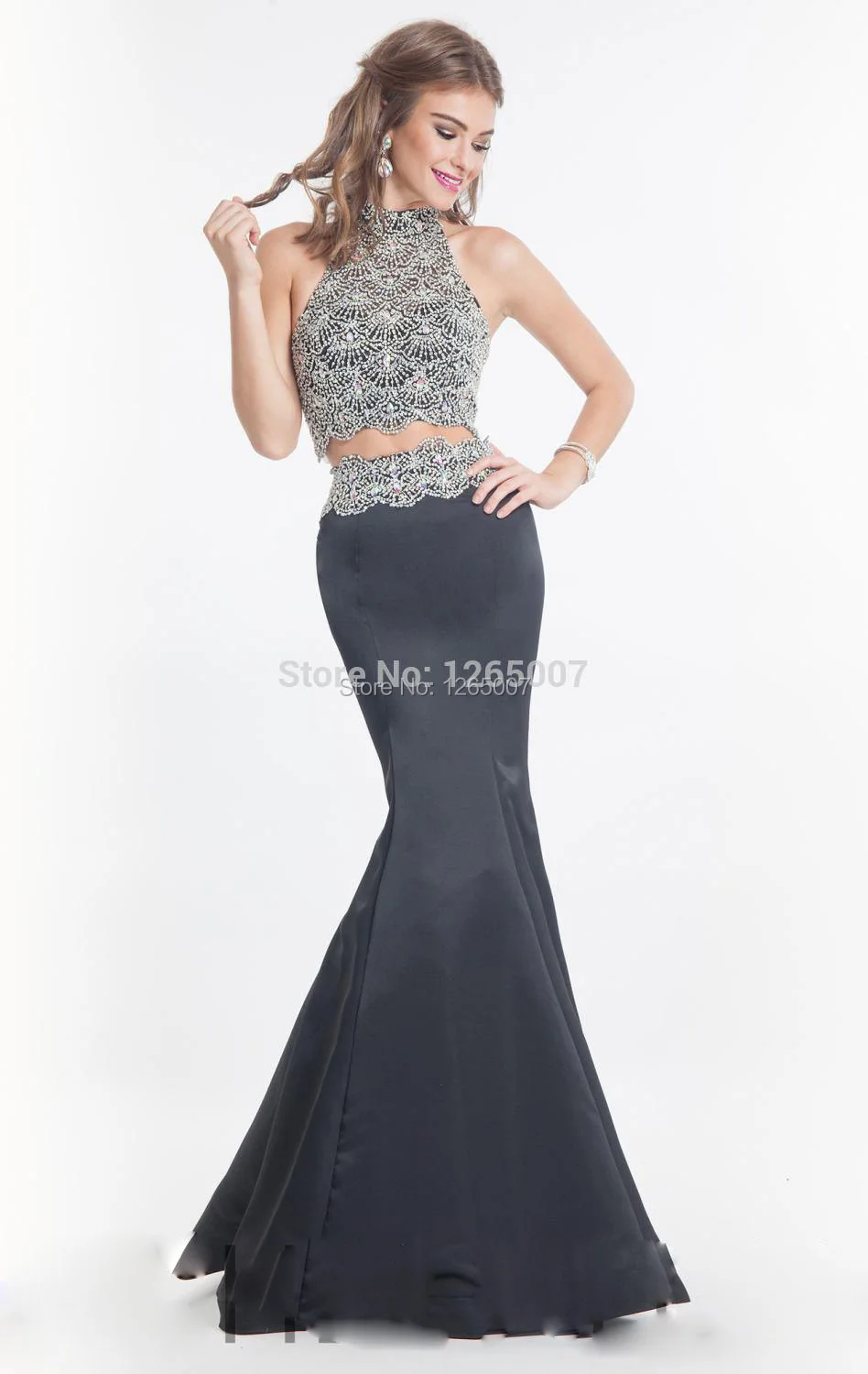 2015 Elegant High Neck Beautiful Beaded Rhinestones Top Mermaid Two 2 ...