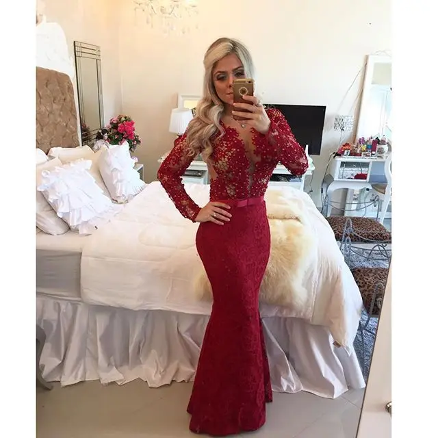 Robe De Soiree Red Lace Mermaid Evening Dresses 2016 Sheer V Neck