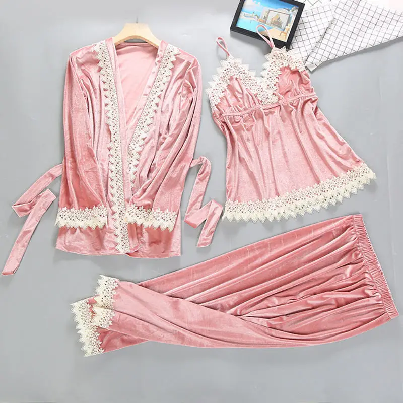 3 Stücke Sexy Frauen Gold Samt Pyjamas Set 2018 Herbst Winter Spitze