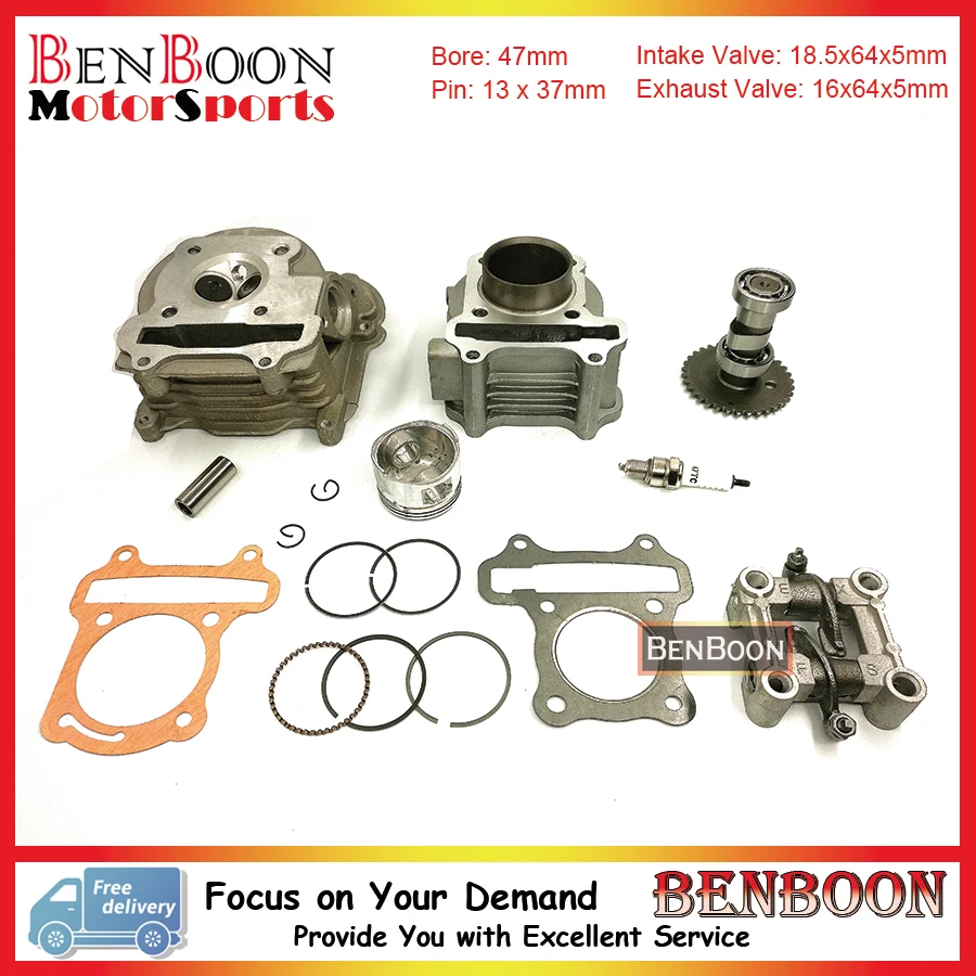 GY6 80cc 47mm Cylinder Kit & Cylinder Head Set with Camshaft Spark Plug ...