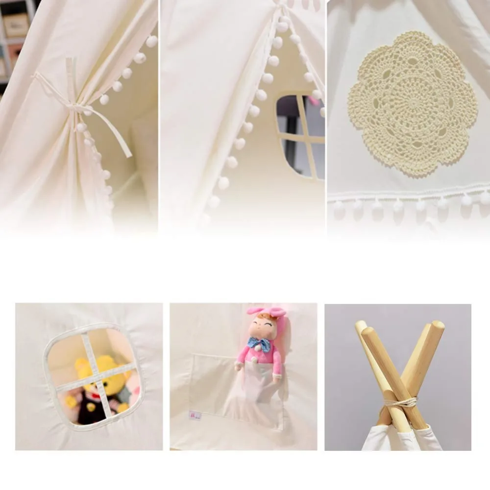 White Canvas Teepee Kids Teepee Pom Poms Indian Play Tent House ...