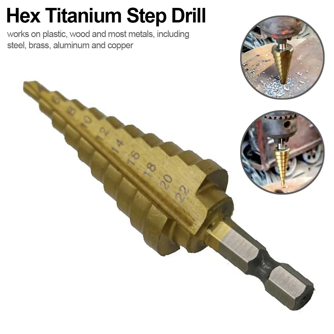 4 22mm HSS Titanium Coated Step Cone Drill Bit High Speed Steel Hex ...