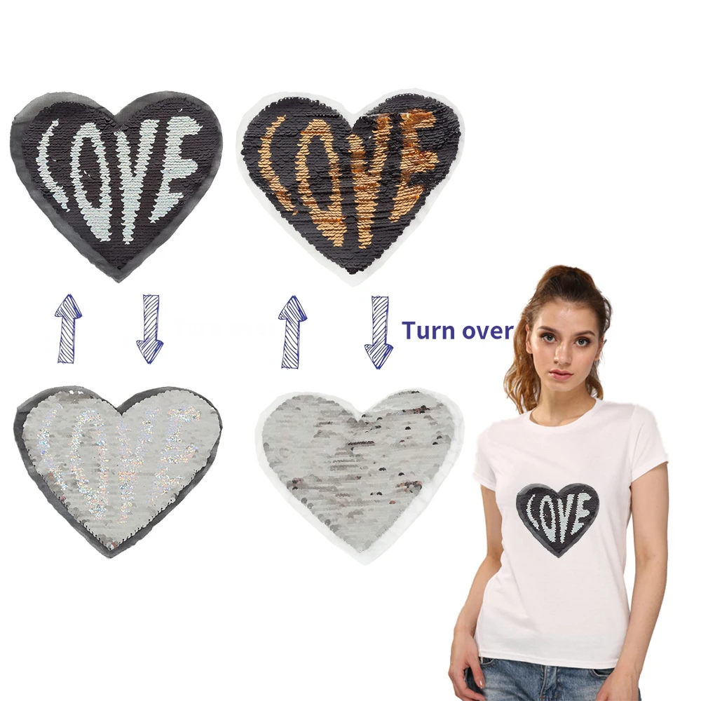 Reversible amor lentejuelas tela Applique Badges coser vuelta doble ...