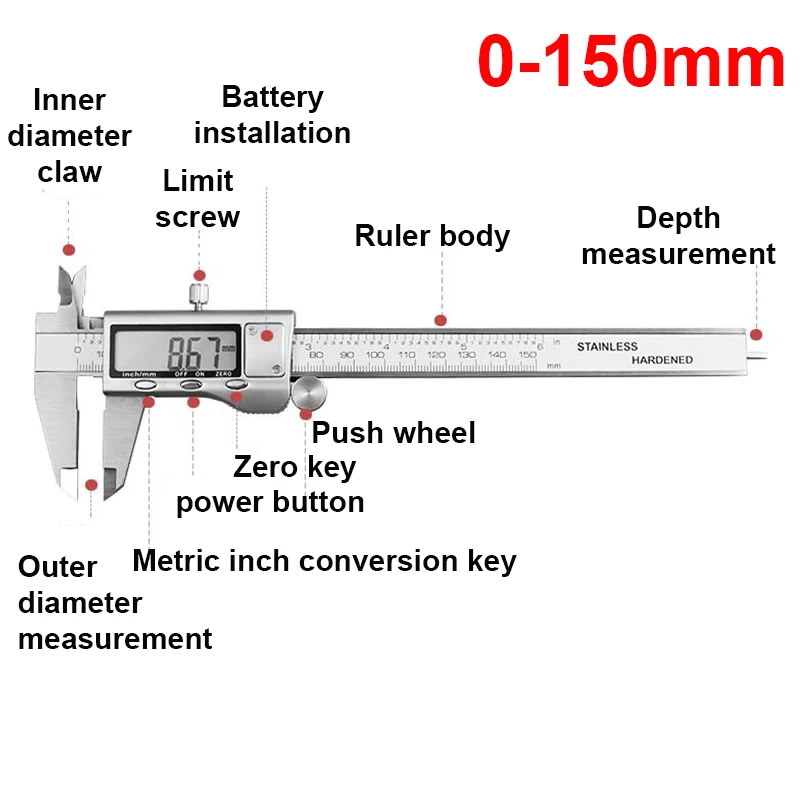 150mm Stainless Steel Digital Vernier Caliper Measuring Tool 6 inch ...