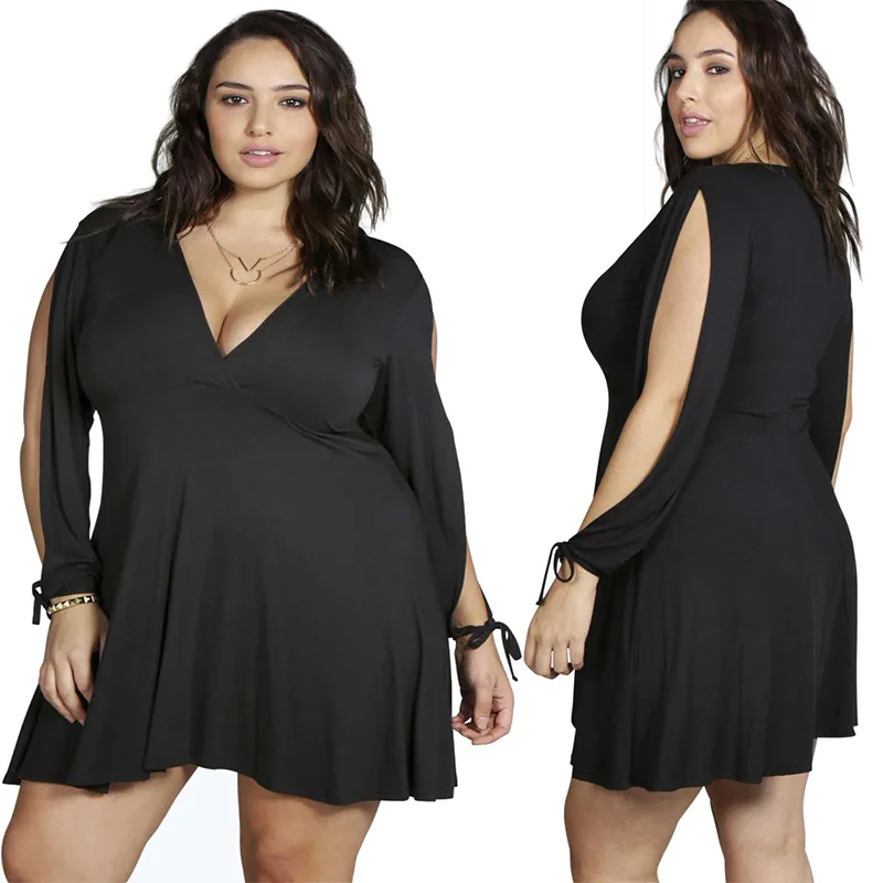 2018 Hot Summer Large Size Women's Dresses Sexy Deep V Neck Solid Color ...