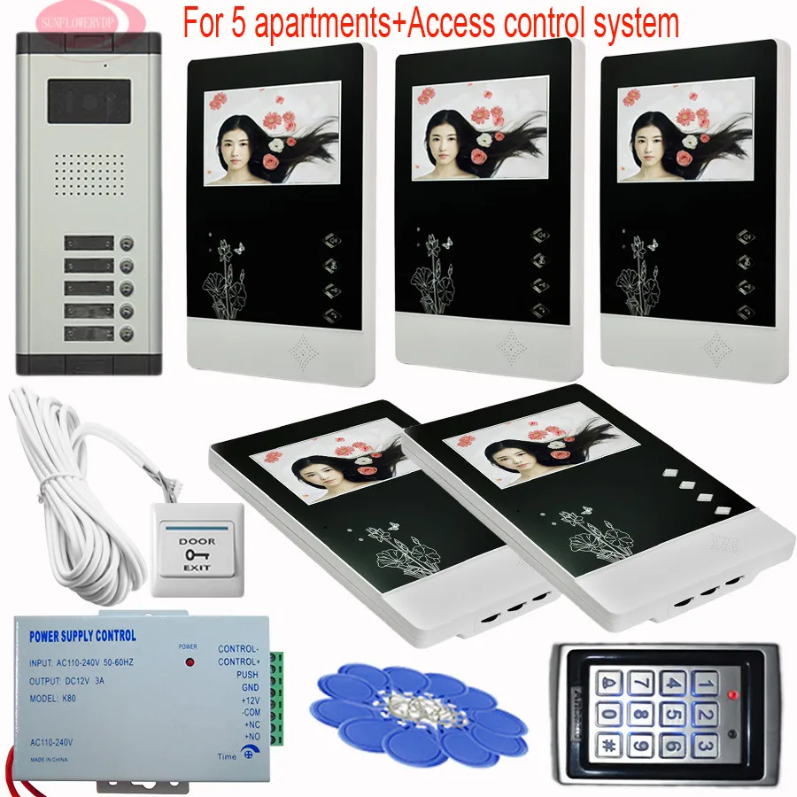 5 Apartments 4.3'' Color Video Door Phone Doorbell Intercom Kit Keypad ...