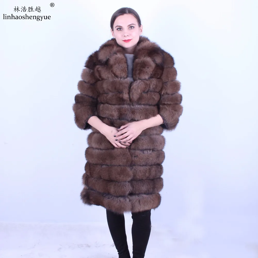 Linhaoshengyue Fashion Women Long Fox Fur Coat Suit Collar Short Sleeve ...
