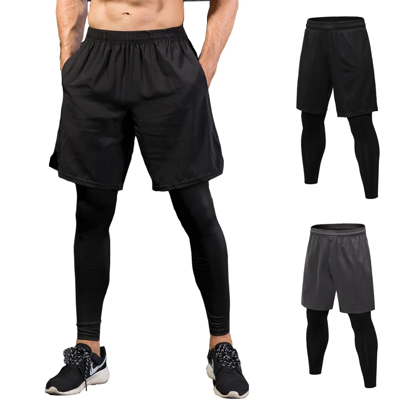 Calça justa de corrida para homens, calção skinny de 2 peças falsas ...