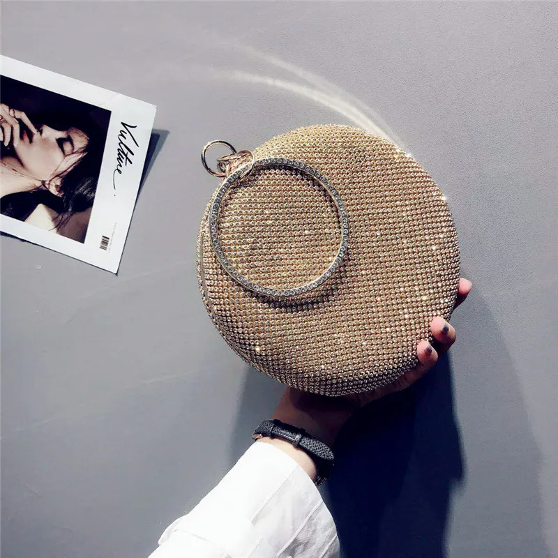 Gold Round Shaped Women Evening Bags Diamonds Simple silver black Day ...