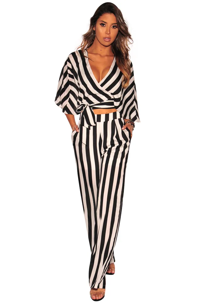 New Women Summer Casual Striped Sweetheart Set Crop Top and Pants Set 2 ...