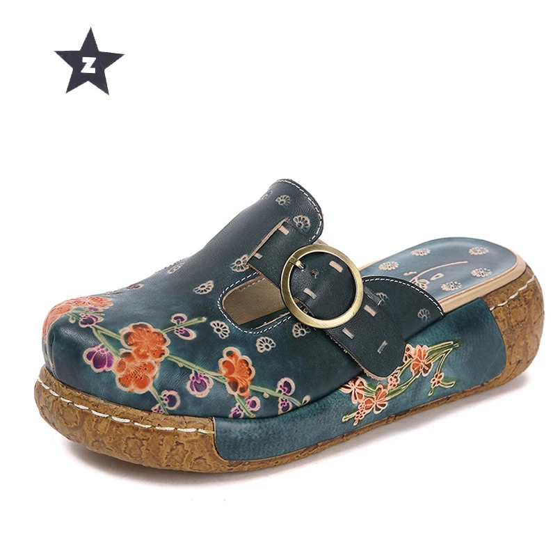 Z women slippers flower thick high heel platform slippers women genuine ...