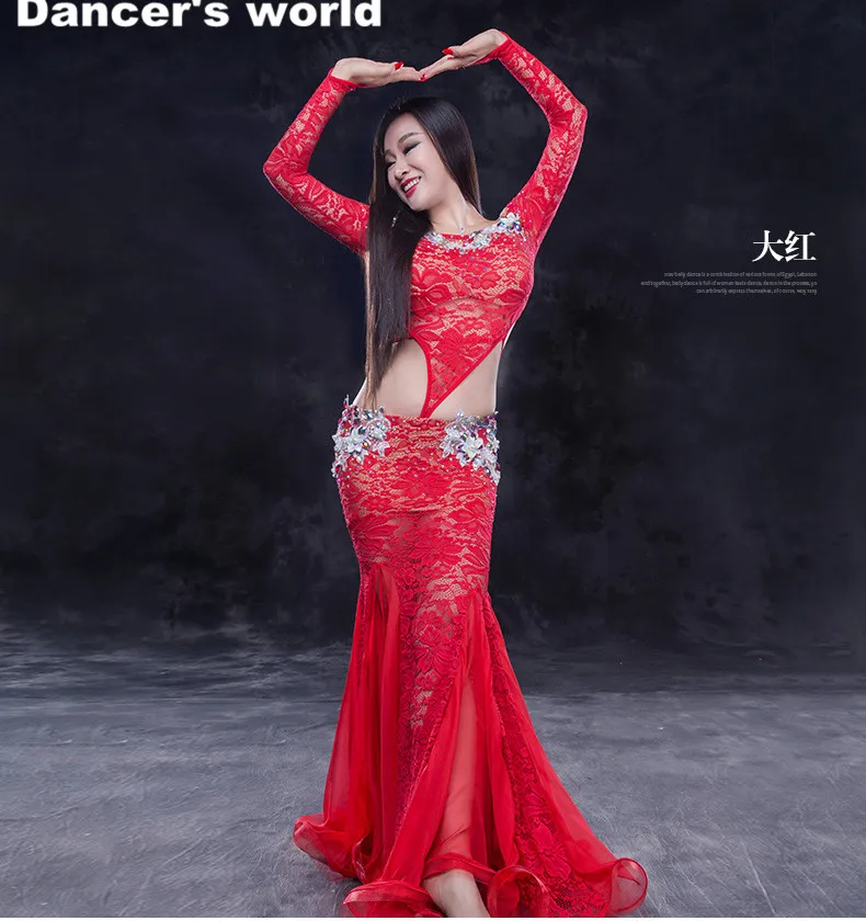 Professional Belly Dance Suit Luxury Lace Long Sleeves Top+belly Dance ...