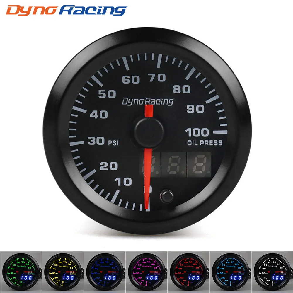 Dynoracing medidor de pressão a óleo automotivo, 2 '', 52mm, display duplo, 7 cores, led, 0 ...
