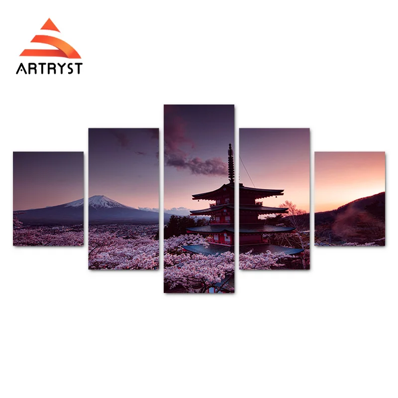 5 panel modular churei tower sakura fujiyama landscape HD print on ...