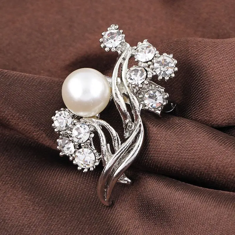 Creative Sleek Amazing Big Simulated Pearl Rhinestone Plant Silver