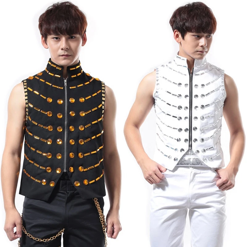 Black White Punk style Male Vest Sparkly Crystal Waistcoat Nightclub ...
