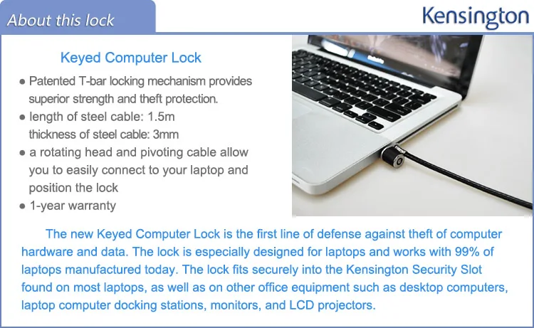 Kensington Original Anti-theft Security Key Computer Laptop Lock (1.5m ...