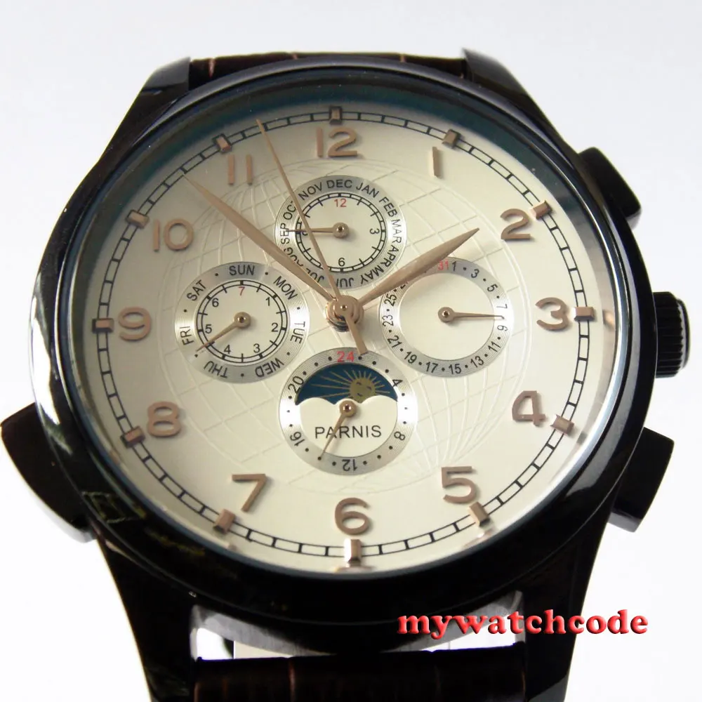 44mm parnis blanco dial negro carcasa de PVD negro cuero automático ...
