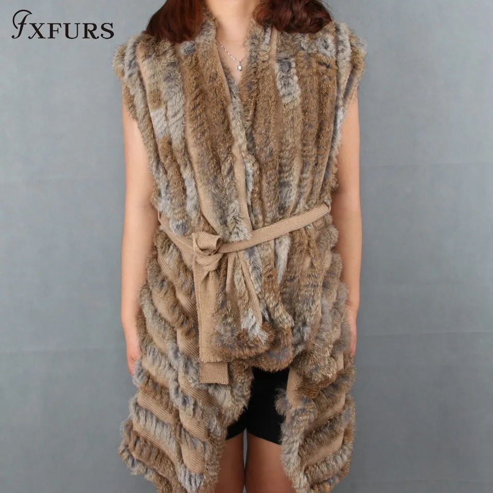 2020 moda nova malha pele de coelho colete com cinto moda feminina poncho colete outono real ...