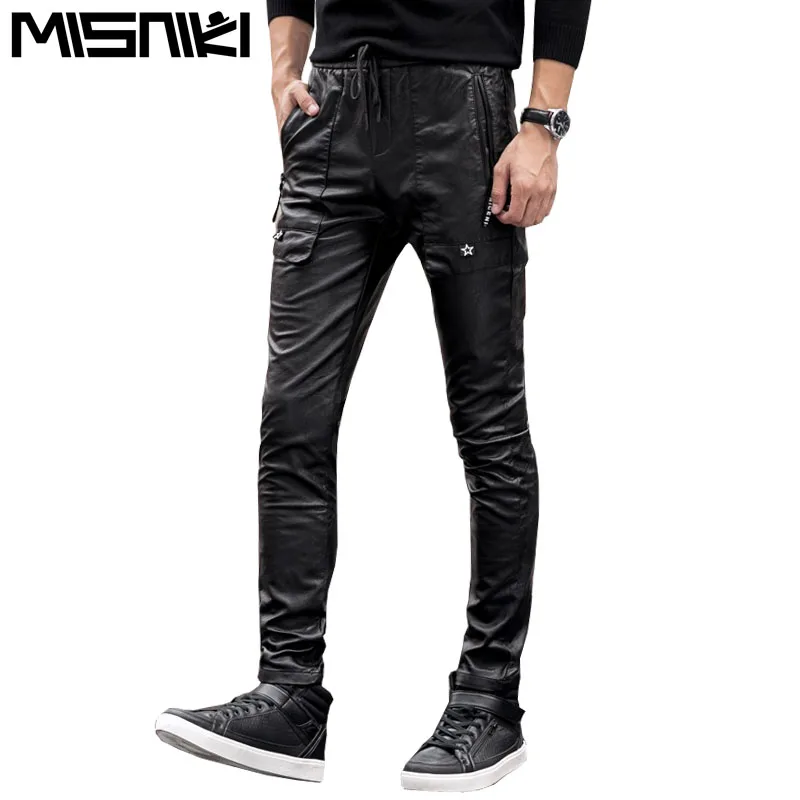 MISNIKI men leather pants slim fit casual drawstring night club singer ...