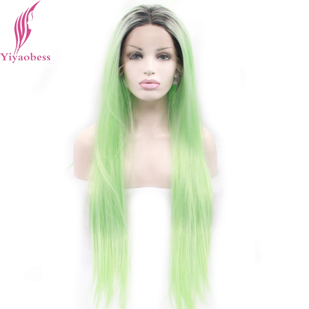 Yiyaobess Dark Roots Mint Green Ombre Lace Front Wig Synthetic Glueless