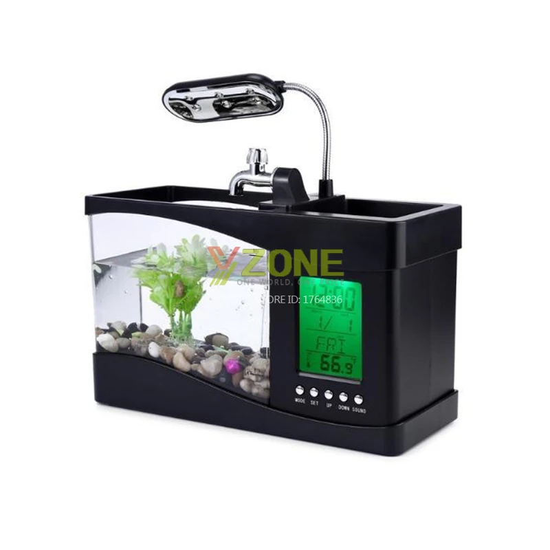 Mini Aquarium Fish Tank USB Aquarium With LED Lamp Light LCD Display Screen And Clock Fish Tank ...