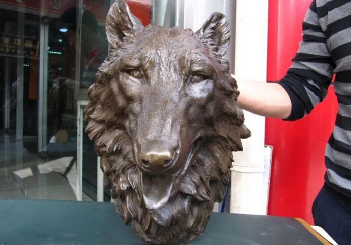 150624 S2175 18" China Pure Bronze refined Carved ferocity wolf Head ...