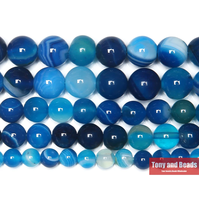 Natural Stone Banded Blue Stripes Agate Round Loose Beads 4 6 8 10 12MM ...