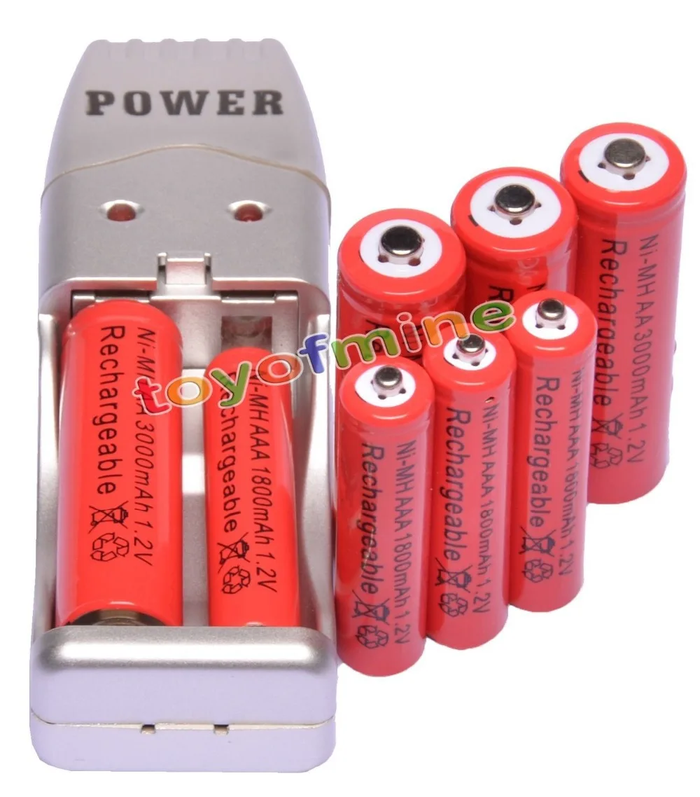 4x AA 3000mAh + 4x AAA 1800mAh 1.2V Red Color Rechargeable Battery+ 2A ...
