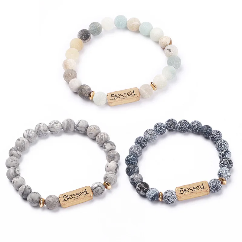 Weathered Granite Blessed Stone Bracelet Men Women Letters Carving 8mm ...