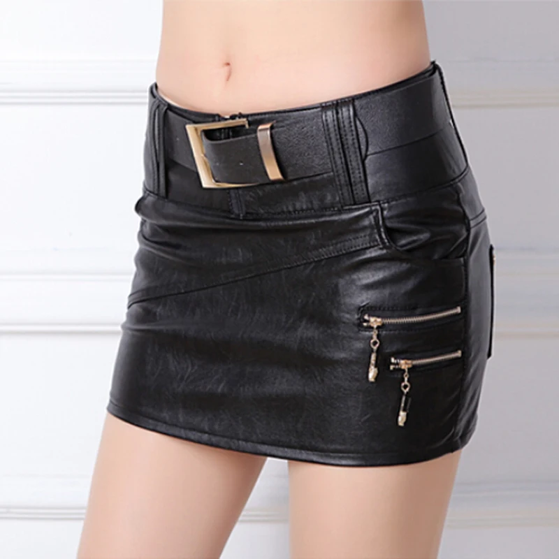 Stkkoo Sexy Women Bodycon Skirt Pu Leather Mini Short Skirt With Belt Zipper Black Shorts Slim