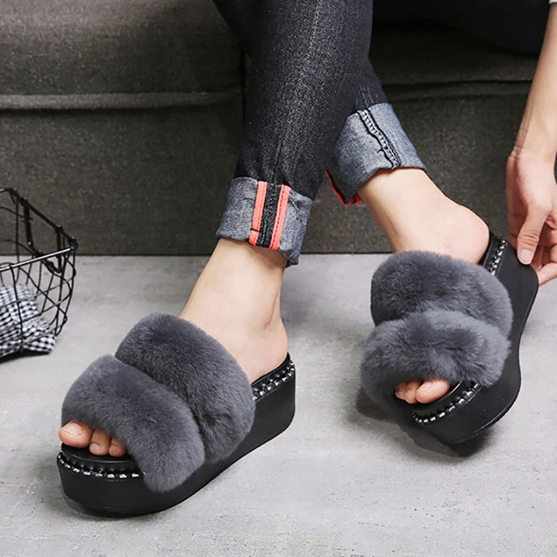 Rabbit Fur Slippers Women Shoes Fashion Platform High Med Heels Fluffy