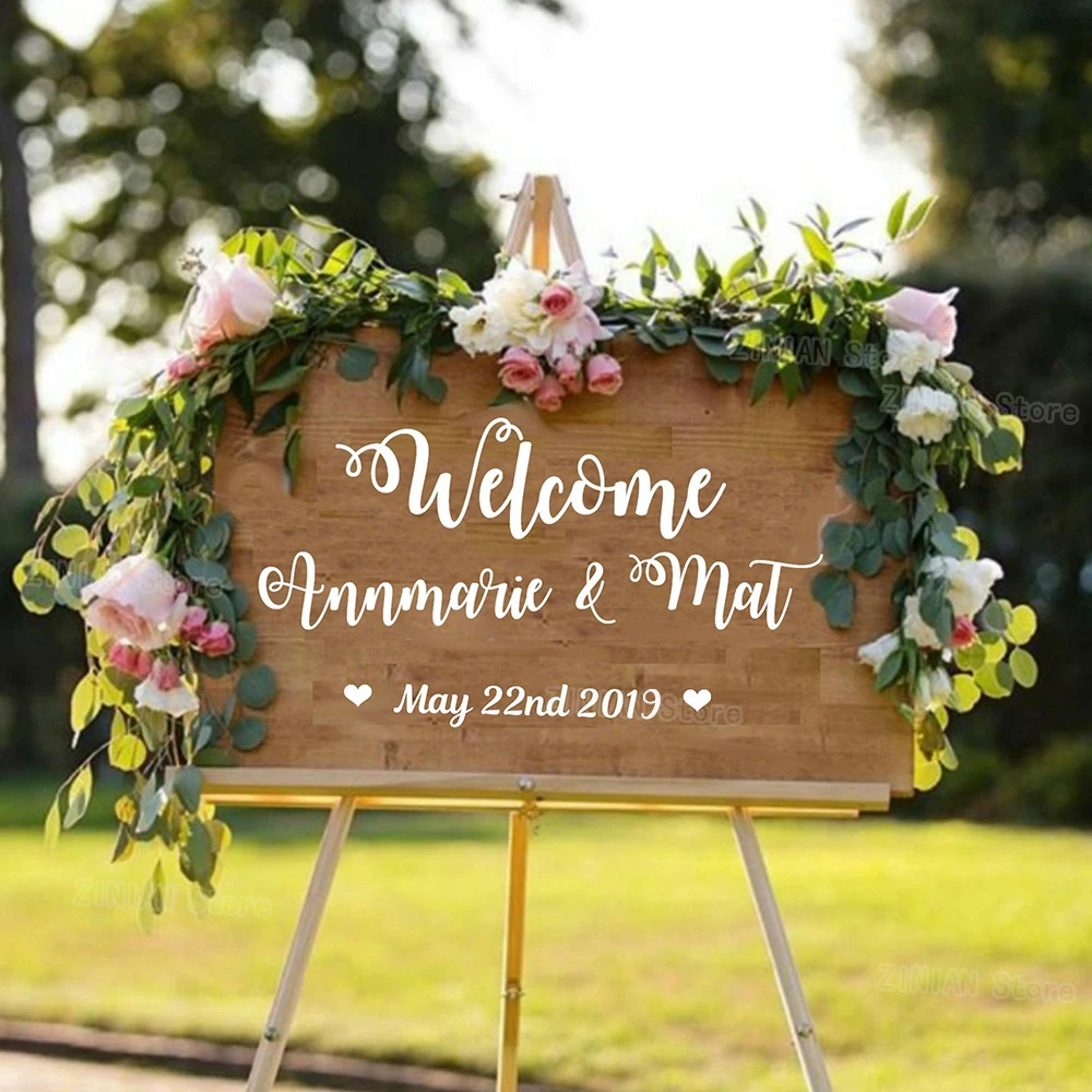Customised Name And Date Wedding Welcome Sign Stickers Wooden ...