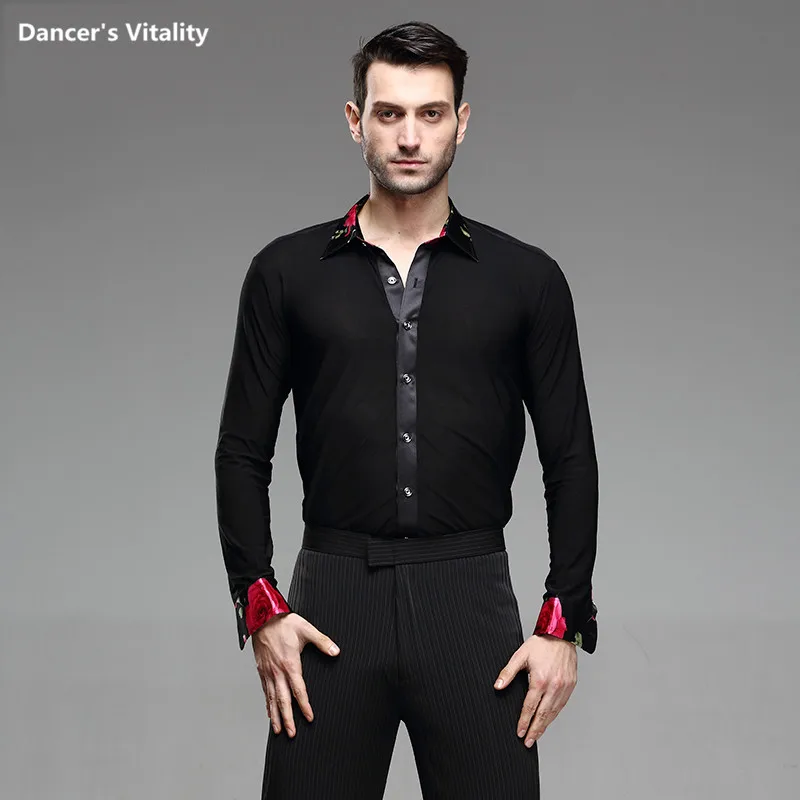 Male Latin Dance Shirts Collar Ballroom Black Dance Tops Sexy Men ...