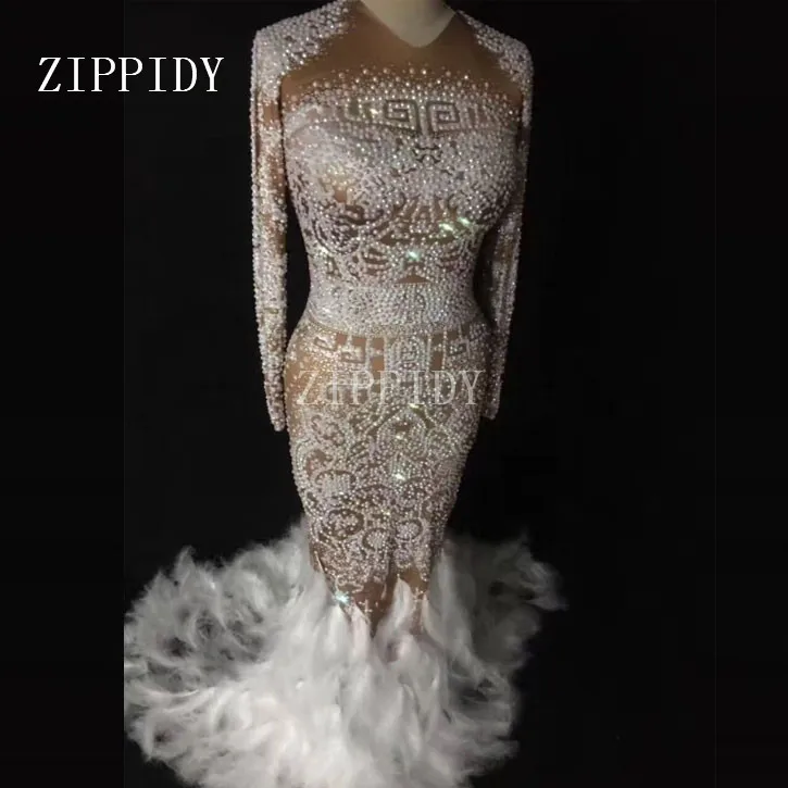 Sparkly Rhinestones Feather Nude Dress Sexy Nightclub Full Stones Long