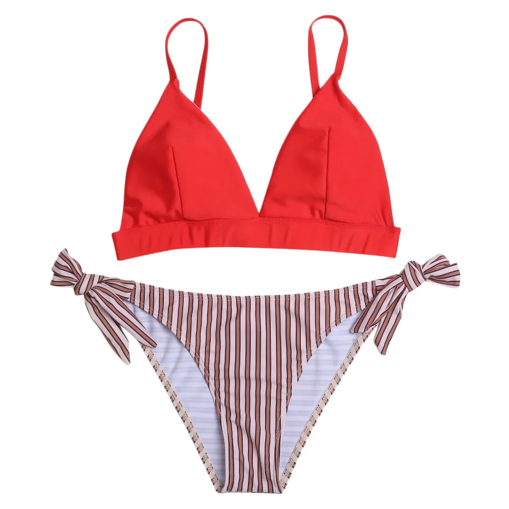 Langstar Bikini 2018 Spaghetti Strap Swimwear Women Swimsuit Padded Backless Low Waist Tied