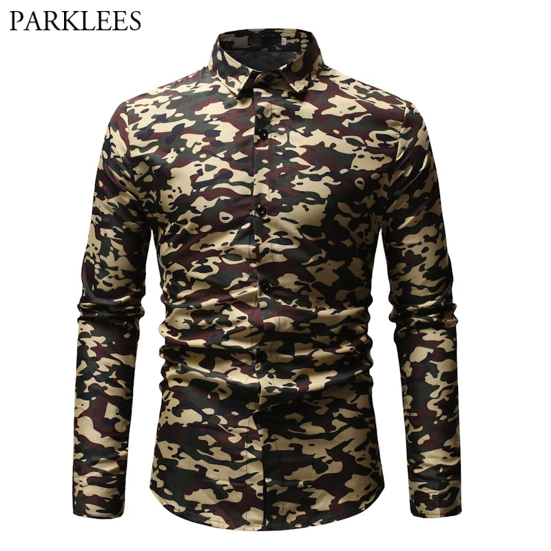 Mens 3D Camouflage Print Shirt Men Casual Slim Fit Military Camo Long ...