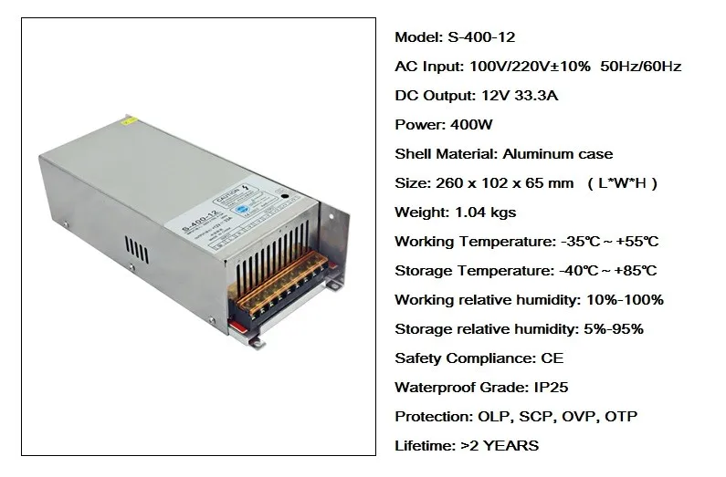 Τροφοδοτικό 12V 400W 33,3A - S-400-12