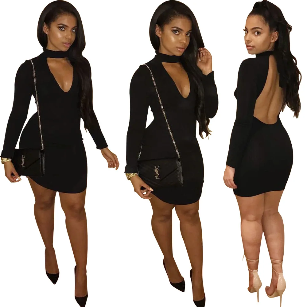 Imysen Sexy Dress Women Autumn Winter Halter Long Sleeve Mini Dress