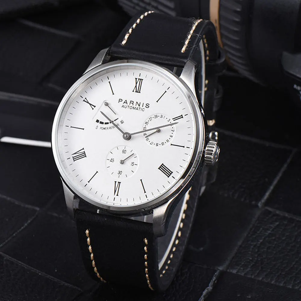 42mm parnis White Dial Roman Numerals Power reserve Complete Calendar ...