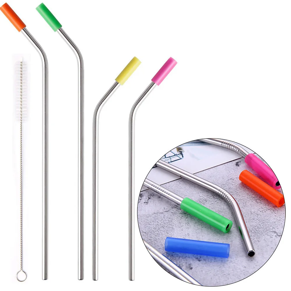4pcs Reusable Stainless Steel Drinking Straws Bent Metal Straws