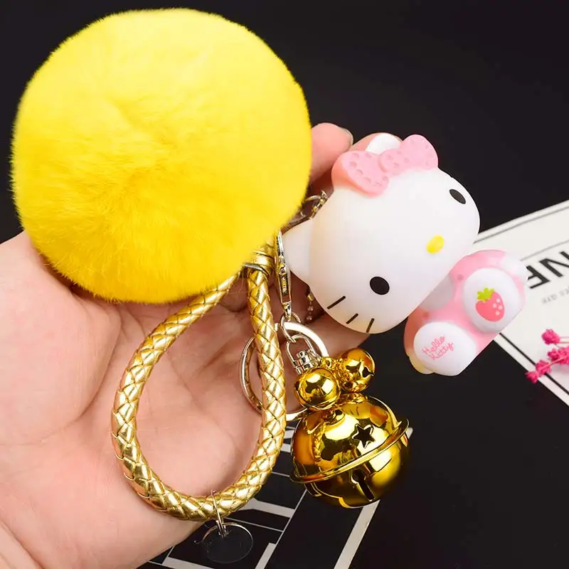 Hello Kitty Pom Pom Cartoon Keychain With Fur Ball & Bell - KawaiiMerch.com