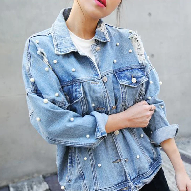 Casual Personality Pearl Beaded Denim Jacket Women 2017 New Elegant Vintage Hole Cowboy ...