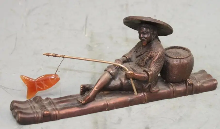 Chinese Pure Bronze Fisherman people fishing bamboo raft Boat Statue ...
